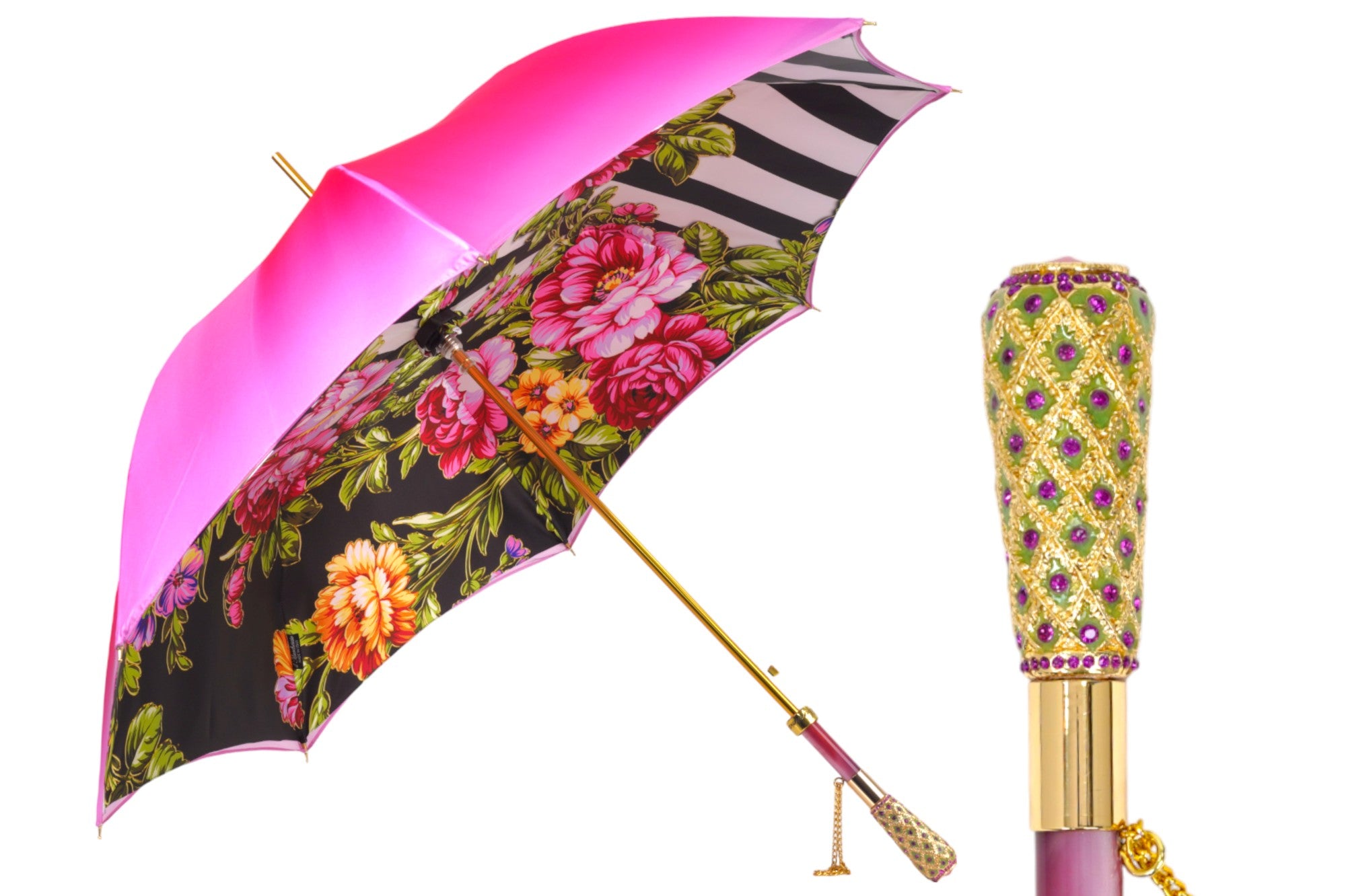 Artisan Pink Floral Umbrella with Crystal Handle & Exquisite Hand-Pain ...